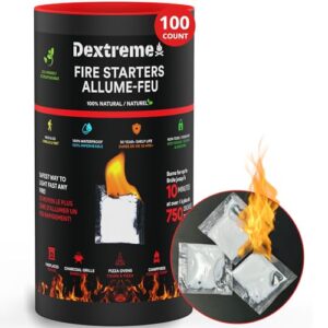 dextreme quick instant fire starter - waterproof all-purpose indoor & outdoor firestarter, for charcoal starter, campfire, fireplace, bbq, survival and wood stove (100 pcs tube)