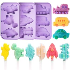 homemade popsicle molds shapes, silicone popsicles molds 3 pcs, ice cream molds for adults kids food grade ice molds with reusable plastic sticks, dinosaur rocket car shape popsicle maker (purple)