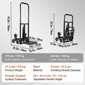 VEVOR Stair Climbing Hand Truck, Heavy-Duty Hand Cart Dolly 375 lbs Load Capacity, Foldable Stair Climber Hand Trucks with Adjustable Handle, All Terrain Cart for Stairs with 10 Wheels