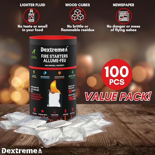 Dextreme Quick Instant Fire Starter - Waterproof All-Purpose Indoor & Outdoor Firestarter, for Charcoal Starter, Campfire, Fireplace, BBQ, Survival and Wood Stove (100 Pcs Tube)