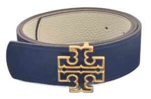 tory burch 141742 britten royal navy blue/new ivory white with gold hardware reversible 1.5 inch width women's belt (small)