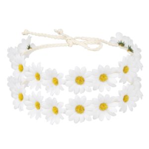 wovowovo 2 packs daisy flower crown headbands for women baby girl, sunflower hippie hair accessories fall floral crowns hair bands handmade bridal headpiece photo props party vacation (white)