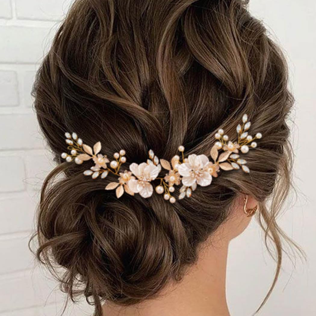 EARENT Bride Wedding Flower Hair Vine Gold Crystal Headpiece Bridal Pearl Leaf Headband Bridesmaid Hair Accessories for Women and Girls