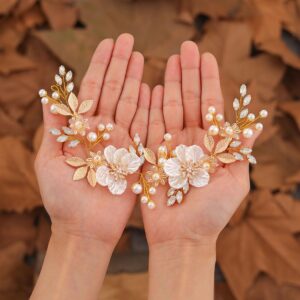 EARENT Bride Wedding Flower Hair Vine Gold Crystal Headpiece Bridal Pearl Leaf Headband Bridesmaid Hair Accessories for Women and Girls