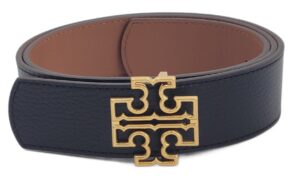 tory burch 141742 britten logo black/classic tan with gold hardware 1.5 inch width reversible women's belt (large)