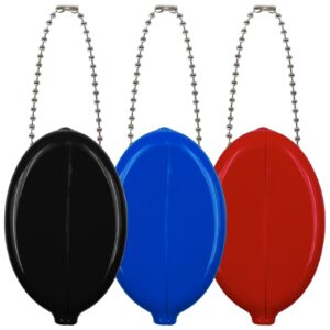 deezomo 3 pieces rubber coin purse, 2 x 3 inches oval squeeze coin holders with chain for women men travel (max black/blue/red 3 pack)