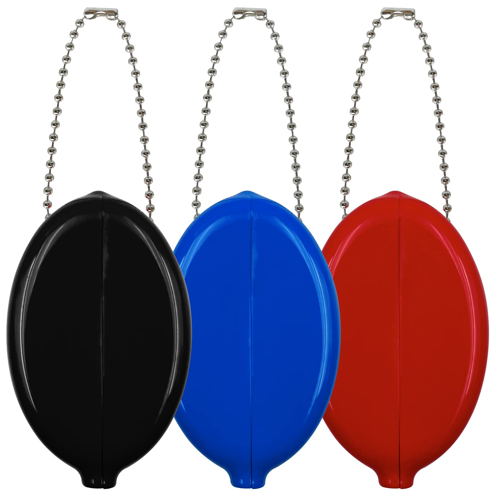 DEEZOMO 3 Pieces Rubber Coin Purse, 2 x 3 Inches Oval Squeeze Coin Holders With Chain for Women Men Travel (Max Black/Blue/Red 3 Pack)