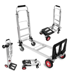 Fineera 3 in 1 Aluminum Hand Truck Dolly Convertible Heavy Duty 460lbs Capacity Folding Hand Truck with 6’’ Rubber Wheels and Telescoping Handles Multi-Position Dolly Platform Hand Cart