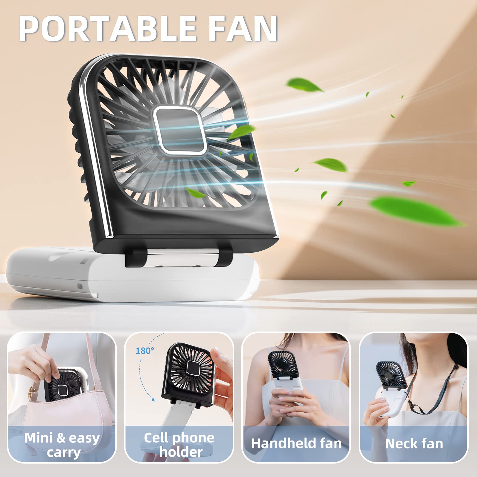 Mini Fan Portable Handheld Fan Rechargeable Small Battery Operated Personal Fan all in 1 as Power Bank, Phone Holder, Hand Held Fan, Mini Desk Fan, Travel Fan, USB Fan, 3000 mAh, 4 Speed, Neck lanyard