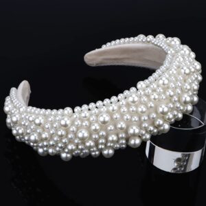 hapdoo white pearl headbands for women girls, cute puffy padded headband with faux pearl for wedding bride fashion, wide thick beaded bling hairbands hair hoop accessories for birthday