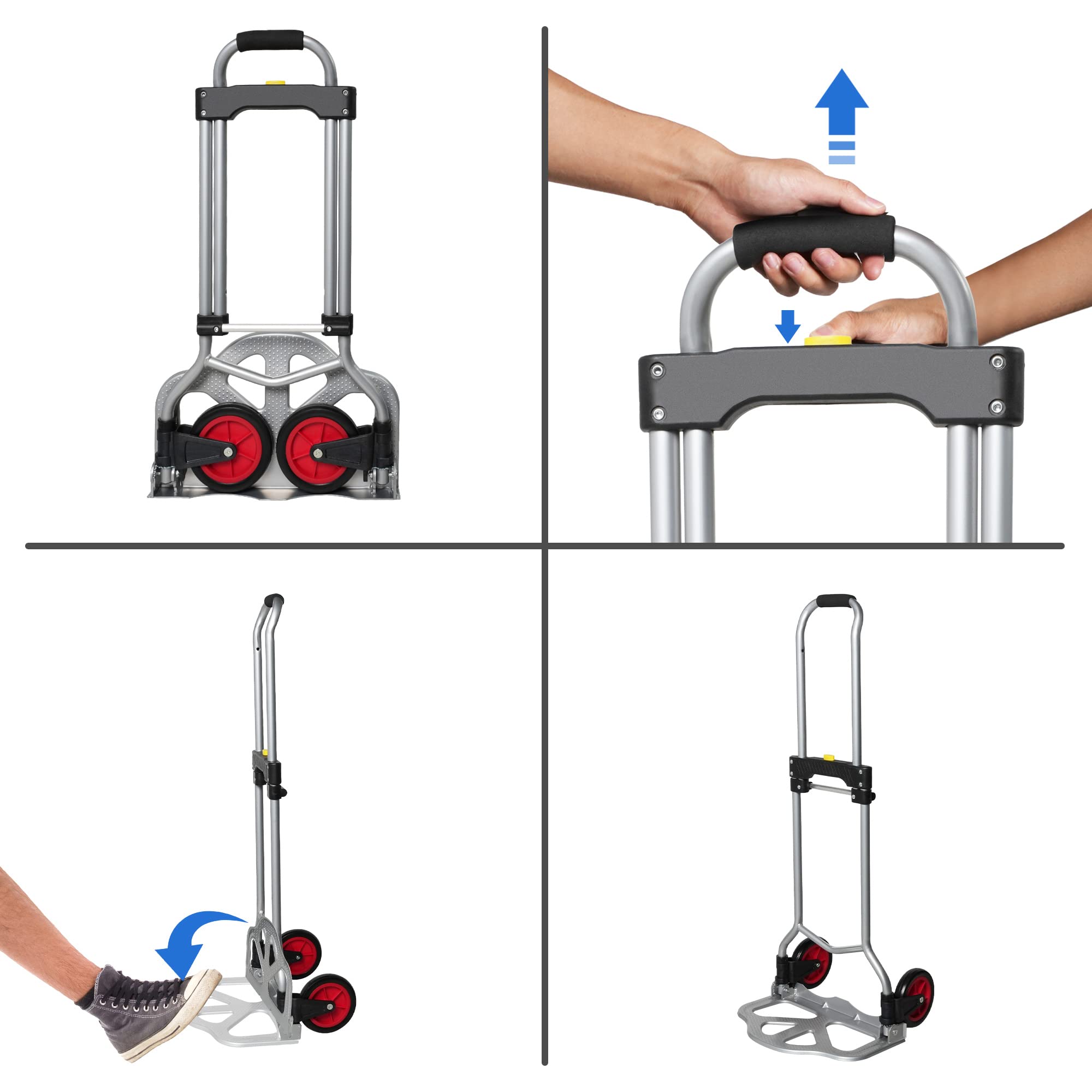 Endynino 150 LB Capacity Folding Hand Truck Dolly, Luggage Trolley Cart with 2 Wheel Aluminum Alloy Moving Heavy Duty Hand Cart, Telescoping Handle, Lightweight Collapsible Dolly for Office Travel