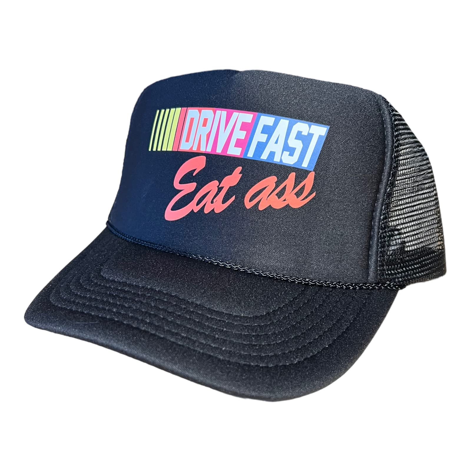 Drive Fast Eat Ass Hat Snapback Trucker Hat for Men or Women, Vintage Fit with Funny Novelty Graphic, Custom Mesh Hat Black