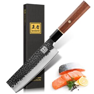 enoking japanese nakiri chef knife 7 inch, professional nakiri knife hand forged vegetable kitchen knife, 5 layers 9cr18mov clad steel chopping knife with rosewood handle