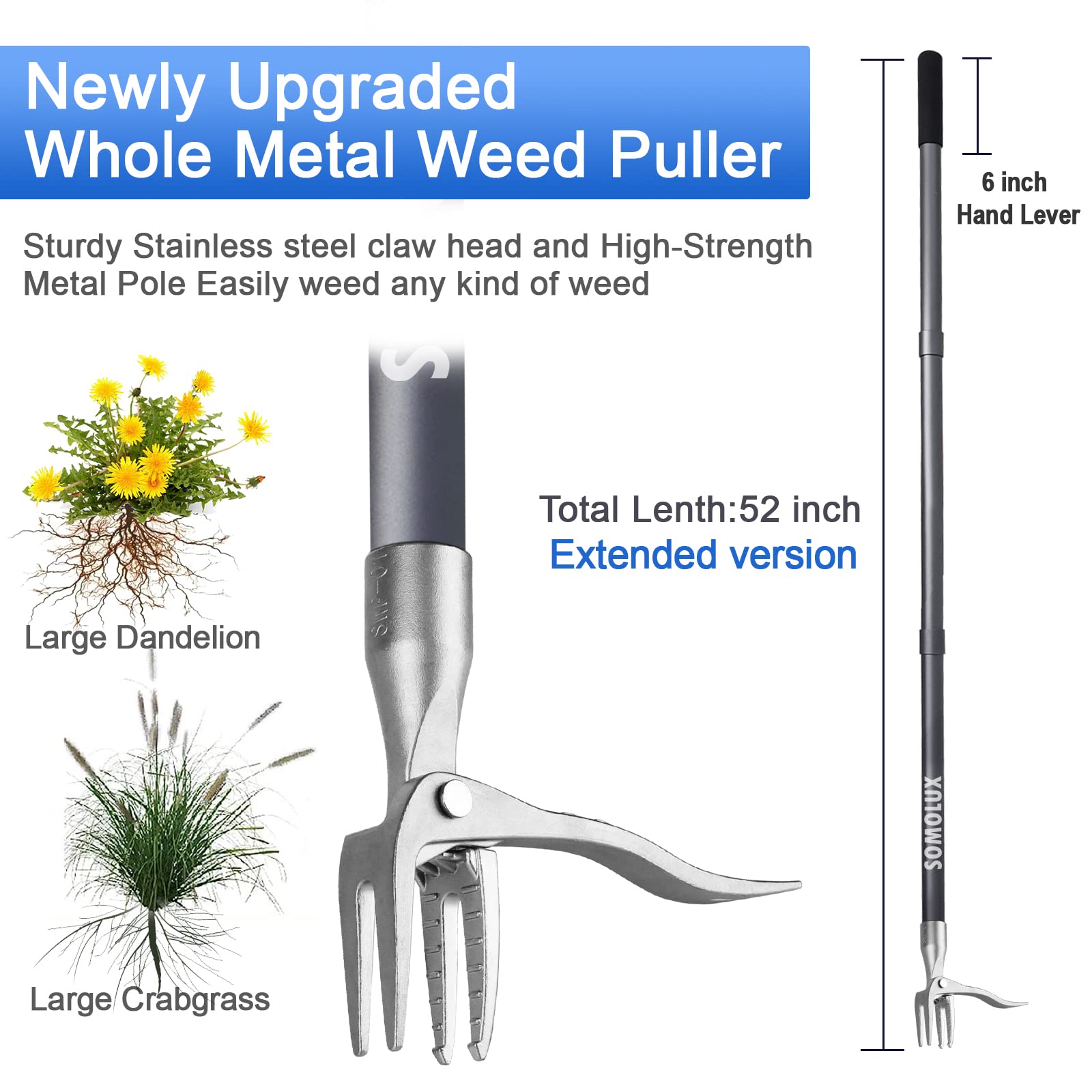 SOMOLUX 52'' Weed Puller Stand-up Weeder Weeding Tool for Gardening Heavy-Duty Stainless Steel Claw with Long Metal Handle Weed Remove Tool for Lawn/Yard and Garden Without Bending or Kneeling