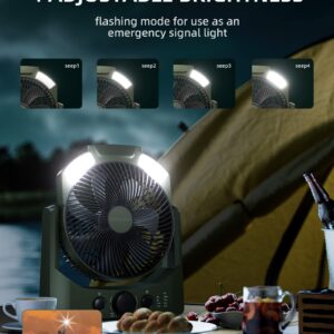 D-cell Battery Operated Camping Fan,8.5 Inch, Quiet USB Desk Fan with 4 Levels LED Lantern, SOS Light, Portable Outdoor Table Fans with Timer, 180°Rotation,Stepless Control, Handle, for Hurricane