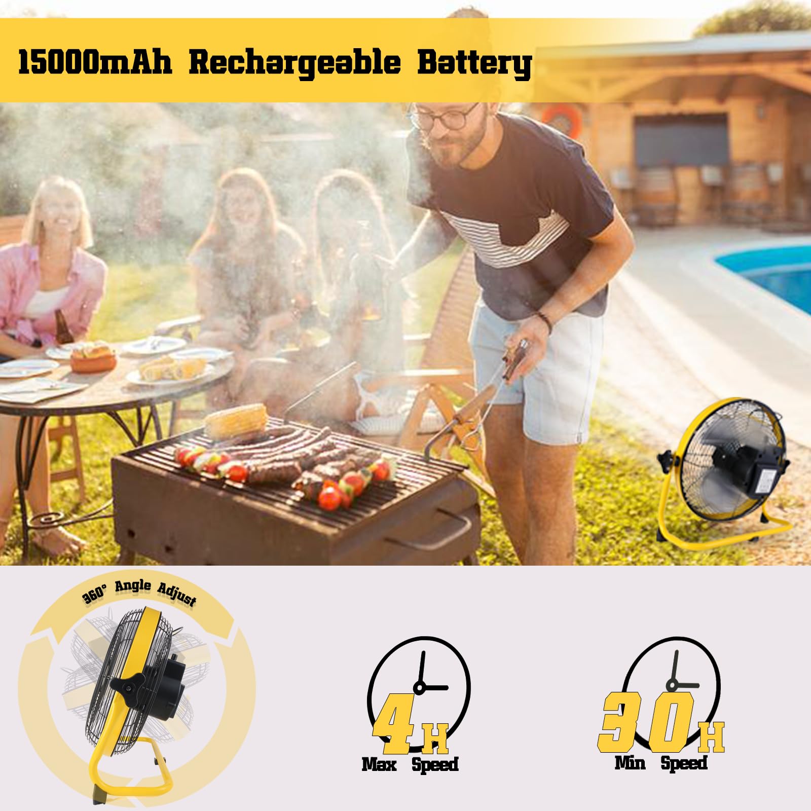 jdzhineng Battery Operated Fan, 15000mAh Battery Powered Fan, Portable Rechargeable Floor Fan for Camping, Travel and Home. Cordless Outdoor Fan with Metal Blade.