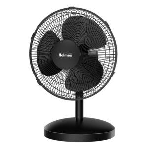 holmes 12" table fan, 75° oscillation, 3 speeds, 15° adjustable head tilt, ideal for home, bedroom or office, black