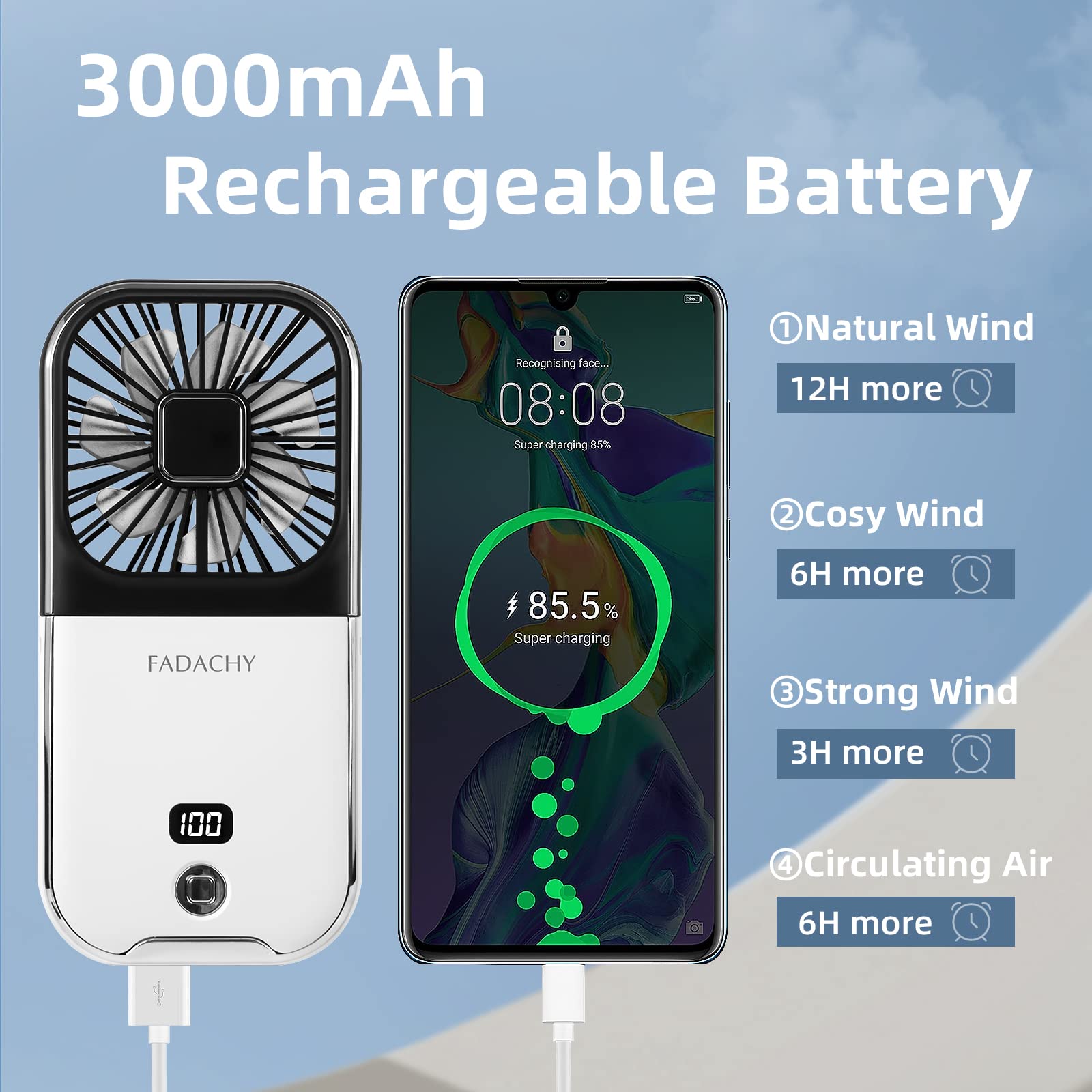 Mini Fan Portable Handheld Fan Rechargeable Small Battery Operated Personal Fan all in 1 as Power Bank, Phone Holder, Hand Held Fan, Mini Desk Fan, Travel Fan, USB Fan, 3000 mAh, 4 Speed, Neck lanyard