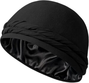 ababalaya satin lined halo turban for mens halo turban pre-tied beanie hats silky lined durag for waves braids locs sleeping bonnet, black, 1 pcs