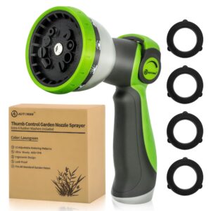 automan garden hose nozzle sprayer - 10 spray patterns, thumb control on off valve, durable water nozzle, extra 4 washers, for watering garden, cleaning, washing car, showering pets lawngreen