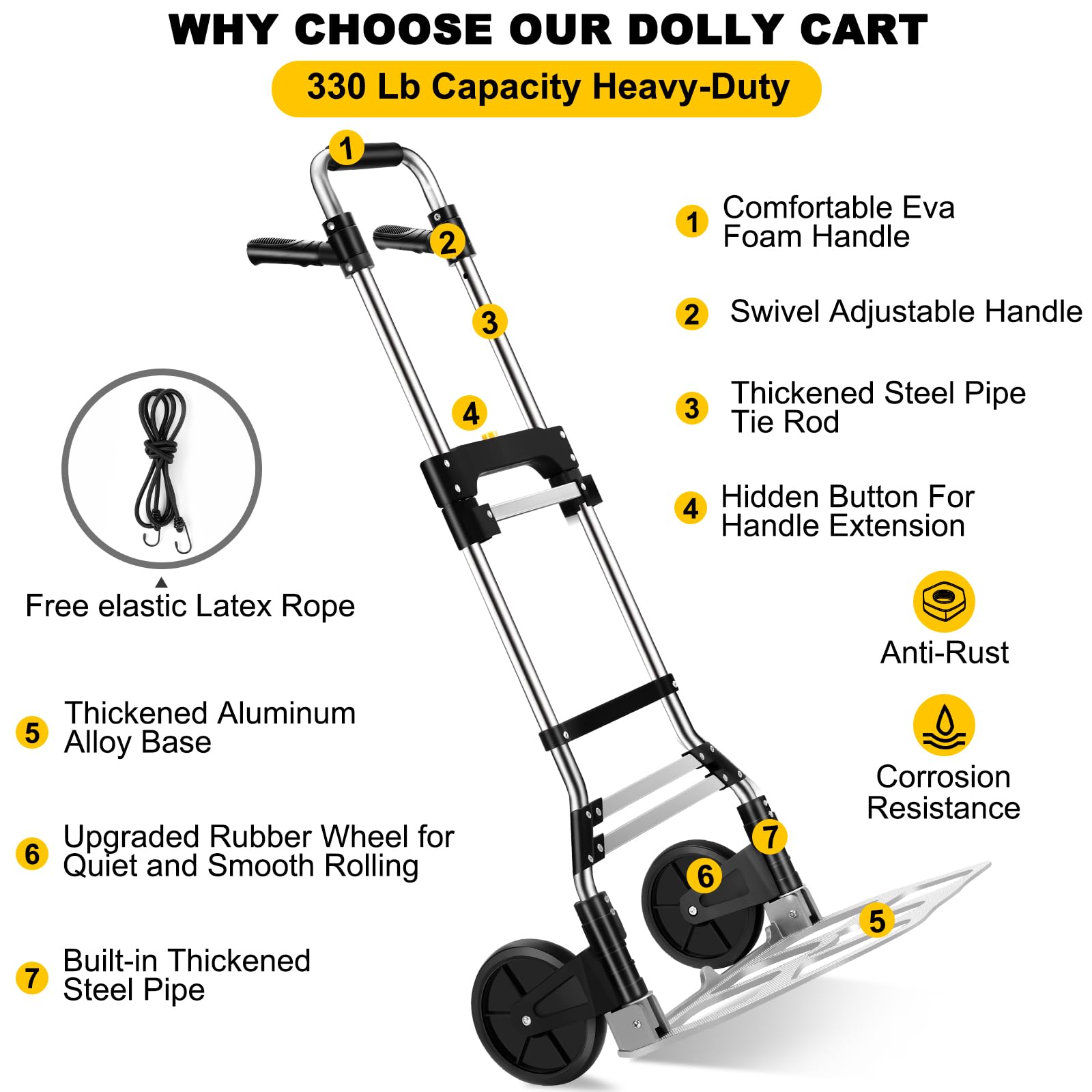 330 LB Capacity Folding Hand Truck Dolly Cart, Portable Aluminum Dolly Cart with Telescoping Handle and Rubber Wheels for Moving,Shopping,Travel,Office Use