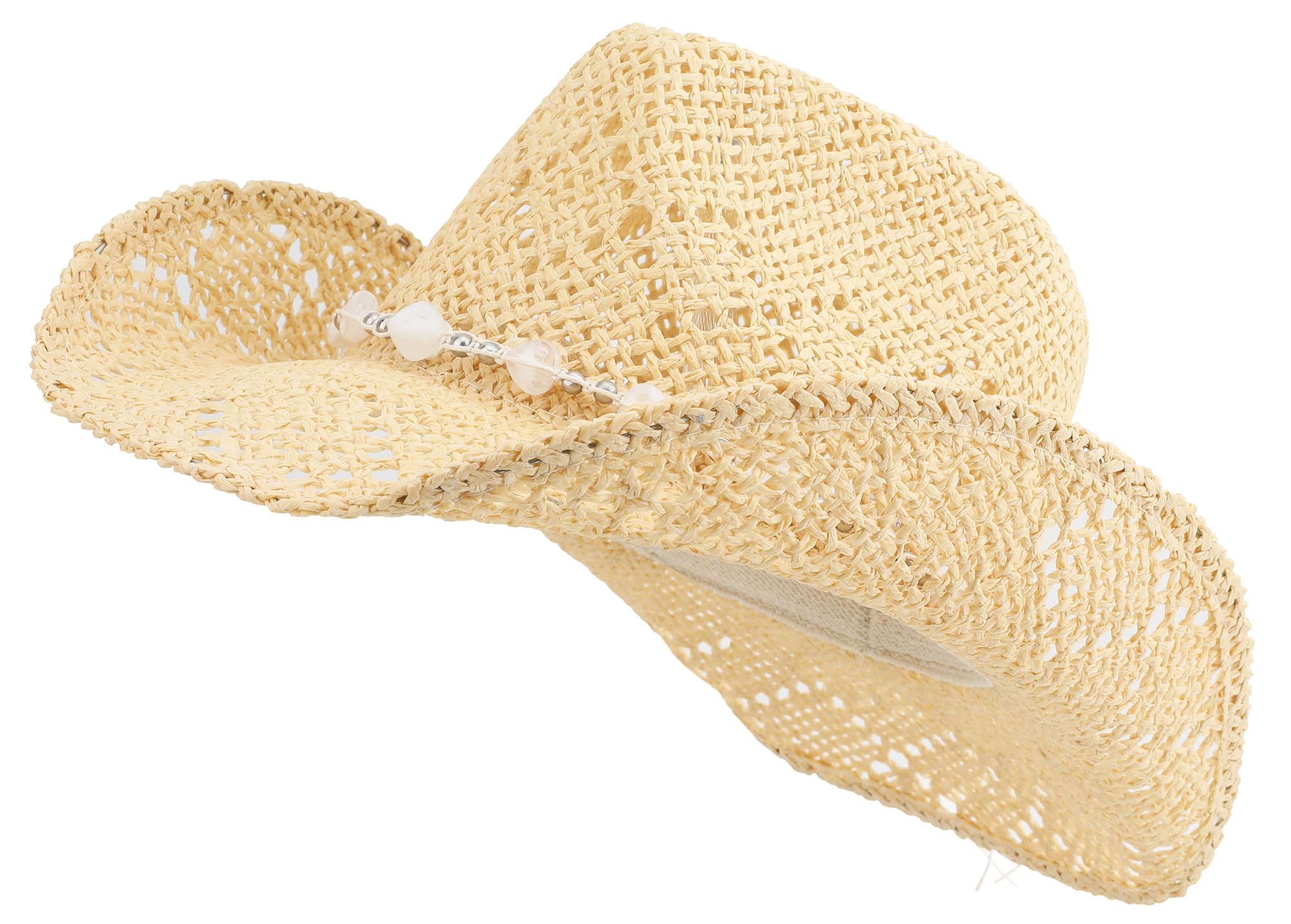 Pro Celia Men Women Cowgirl Straw Western Cowboy Hat (Bead-Beige)