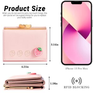 YINHEXI Wallet Card Holder, Small Bifold RFID Blocking Purse, Cute Small Leather Pocket Wallet for Women, Girls, Ladies (Baby Pink)