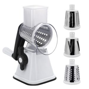 cheese graters with handle, manual cheese shredder rotary grater with 3 replaceable drum blades for vegetables, fruit, food, nuts