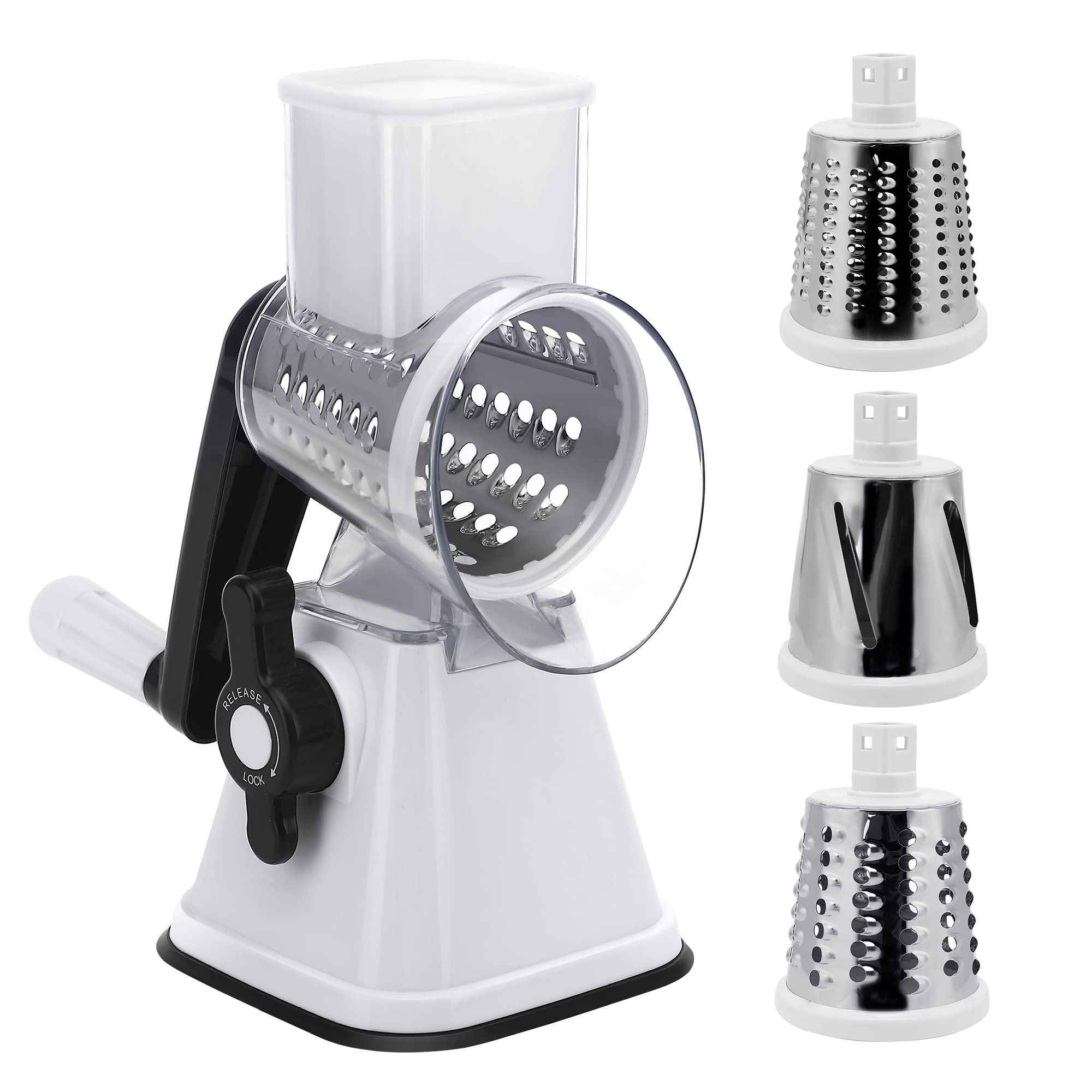 Cheese Graters with Handle, Manual Cheese Shredder Rotary Grater with 3 Replaceable Drum Blades for Vegetables, Fruit, Food, Nuts