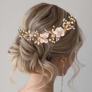 EARENT Bride Wedding Flower Hair Vine Gold Crystal Headpiece Bridal Pearl Leaf Headband Bridesmaid Hair Accessories for Women and Girls