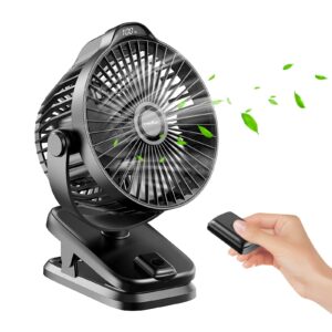 small clip on fan with remote control | 8000mah battery | 5 speeds | 5" portable rechargeable mini desk/table fan for baby stroller, outdoor camping, tent, desktop, bedroom, living room, office, dorm