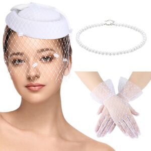 geyoga 3 pcs fascinators tea party hat set funeral veil hat lace gloves and pearl necklace cocktail for 20s 50s accessories(white)