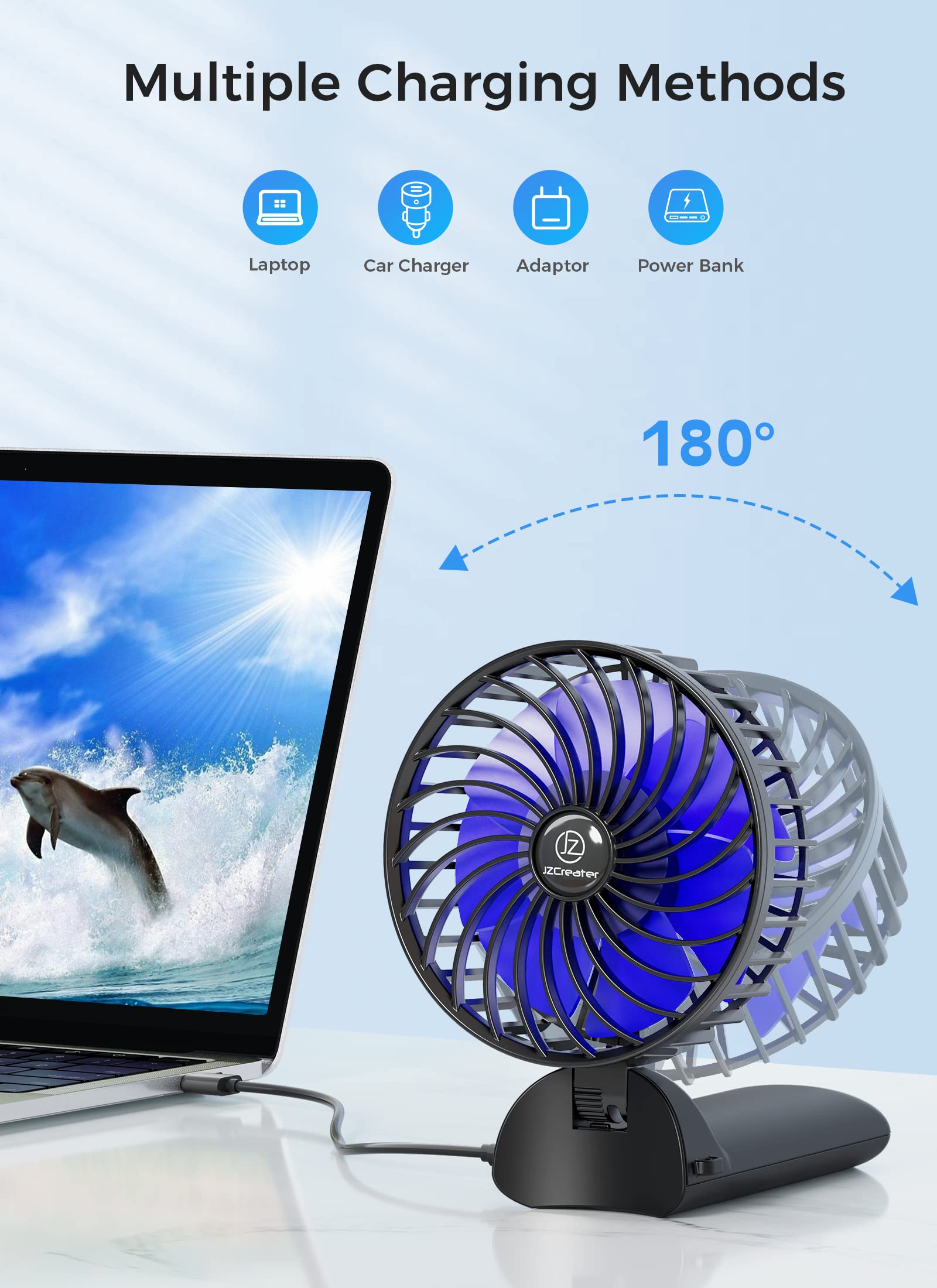 JZCreater Mini Handheld Fan,Portable Hand Held Fan, 15H Cooling Fan, Quiet 4 Speed, USB Rechargeable Battery Operated Desk Fan, Small Folding Electric Fan for Travel Outdoor Home Office Makeup, BLACK