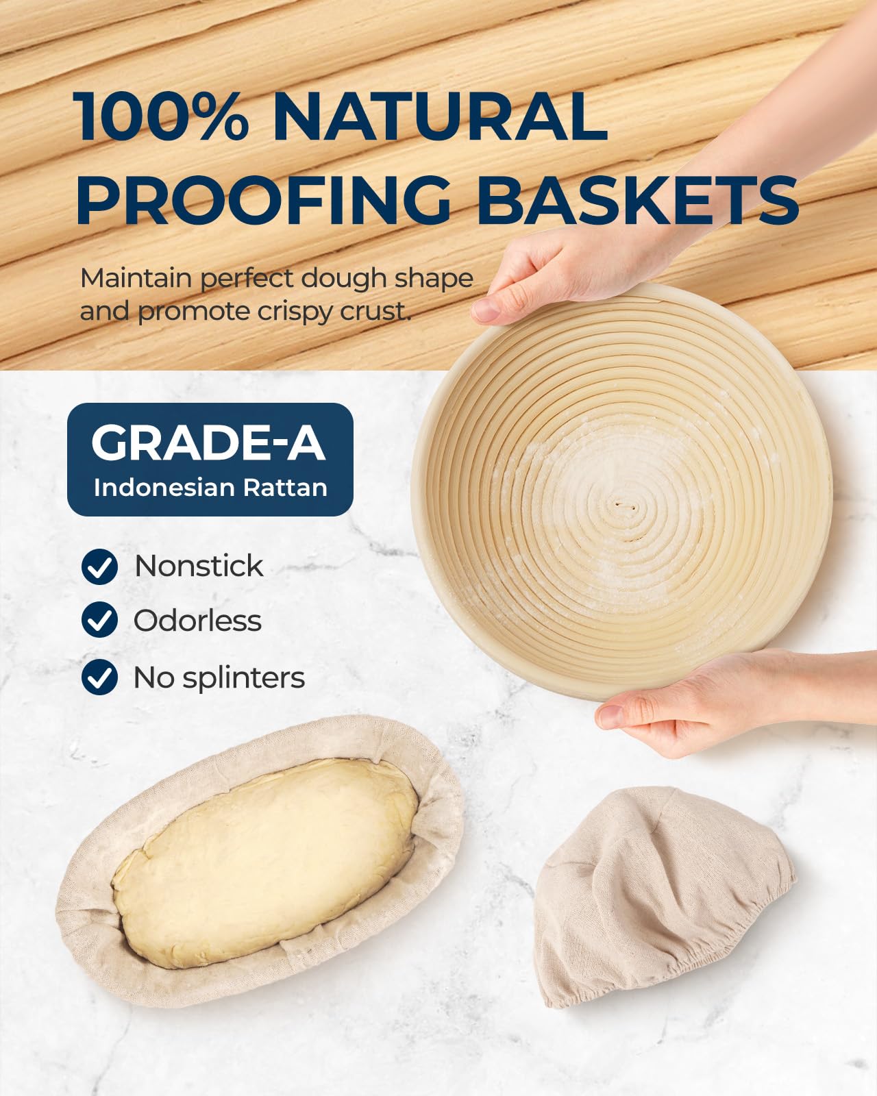 Lorzon Banneton Proofing Basket Set of 2, 10 Inch Round & Oval Cane Bread Proofing Baskets with Sourdough Bread Baking Supplies, Bread Making Kit