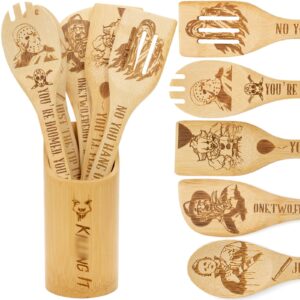 6pcs horror movie character cooking gift set wooden spoons utensils with matching holder - halloween movie merchandise laser engraved bamboo spoons set for horror movie gifts, horror movie party decor