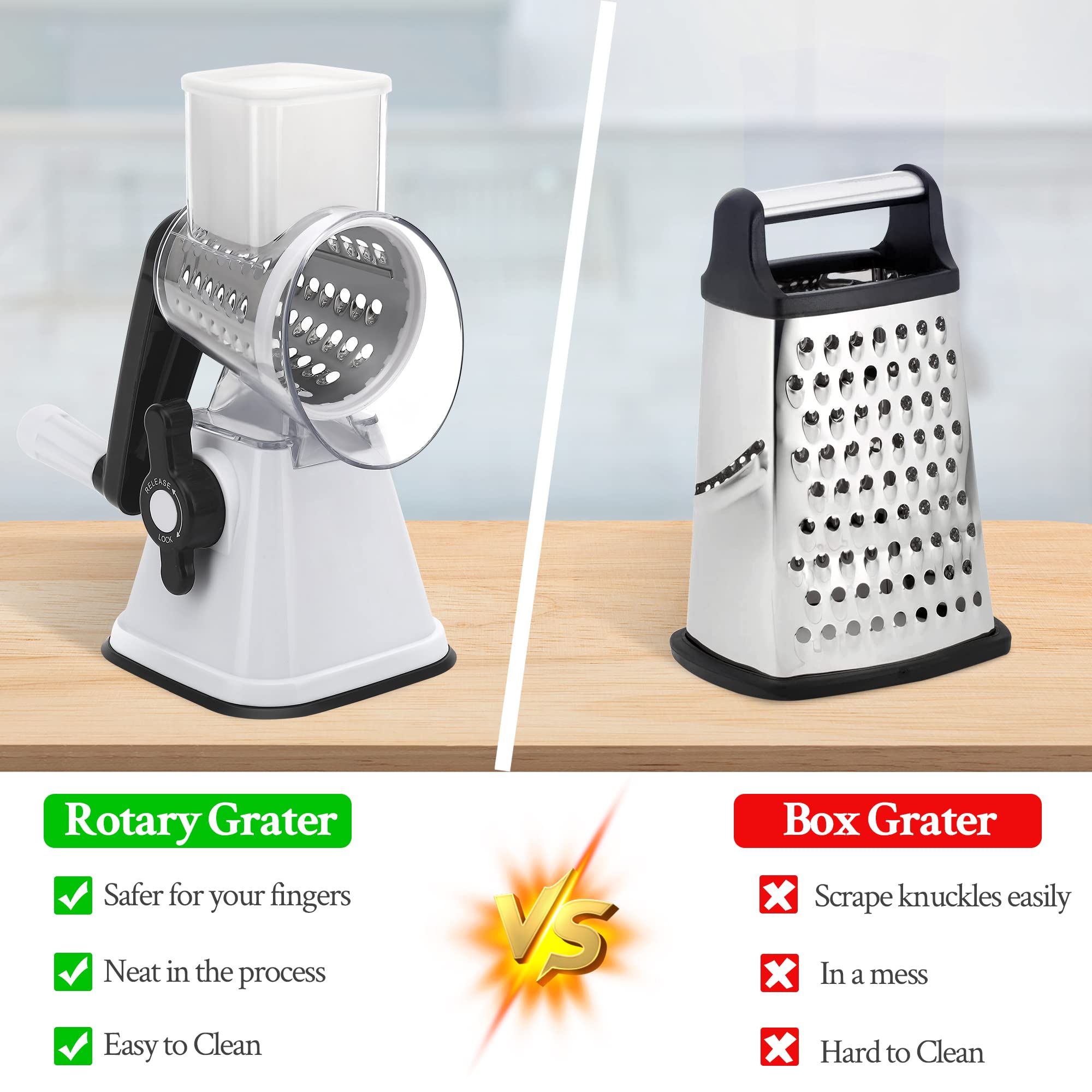 Cheese Graters with Handle, Manual Cheese Shredder Rotary Grater with 3 Replaceable Drum Blades for Vegetables, Fruit, Food, Nuts