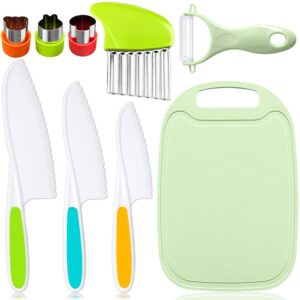 taorish 9 pcs kids kitchen knife set, kids knives for real cooking with cutting board, y peeler, crinkle cutter, sandwich cutter, serrated edges plastic toddler knife kid safe knives