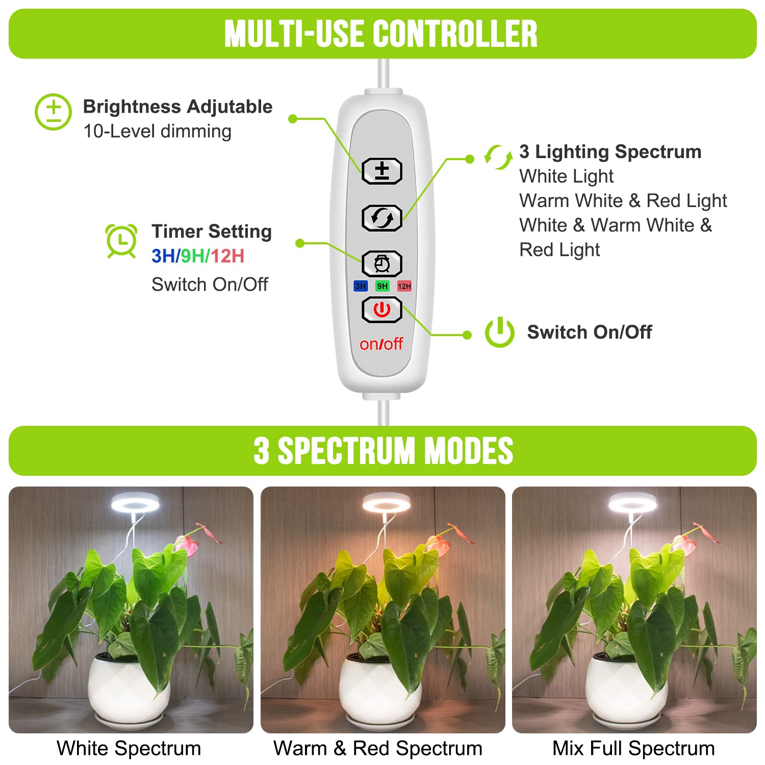 Kullsinss Grow Lights for Indoor Plants, Full Spectrum Halo Growing lamp with Detachable Base, Height Adjustable, 3 Colors, 10 Dimming, Automatic Timer, Plant Light for Succulents Small Plants