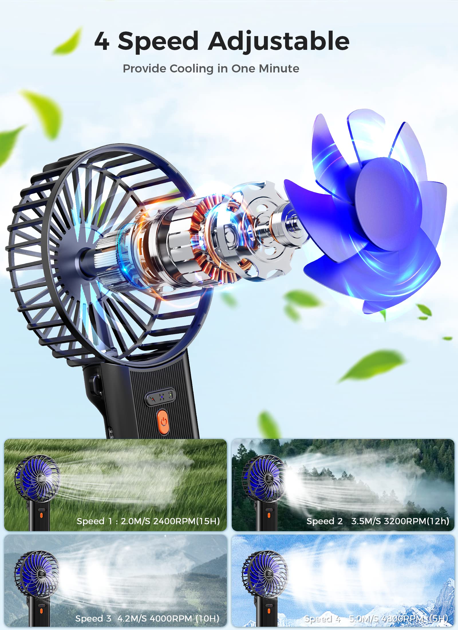 JZCreater Mini Handheld Fan,Portable Hand Held Fan, 15H Cooling Fan, Quiet 4 Speed, USB Rechargeable Battery Operated Desk Fan, Small Folding Electric Fan for Travel Outdoor Home Office Makeup, BLACK