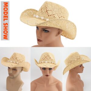 Pro Celia Men Women Cowgirl Straw Western Cowboy Hat (Bead-Beige)