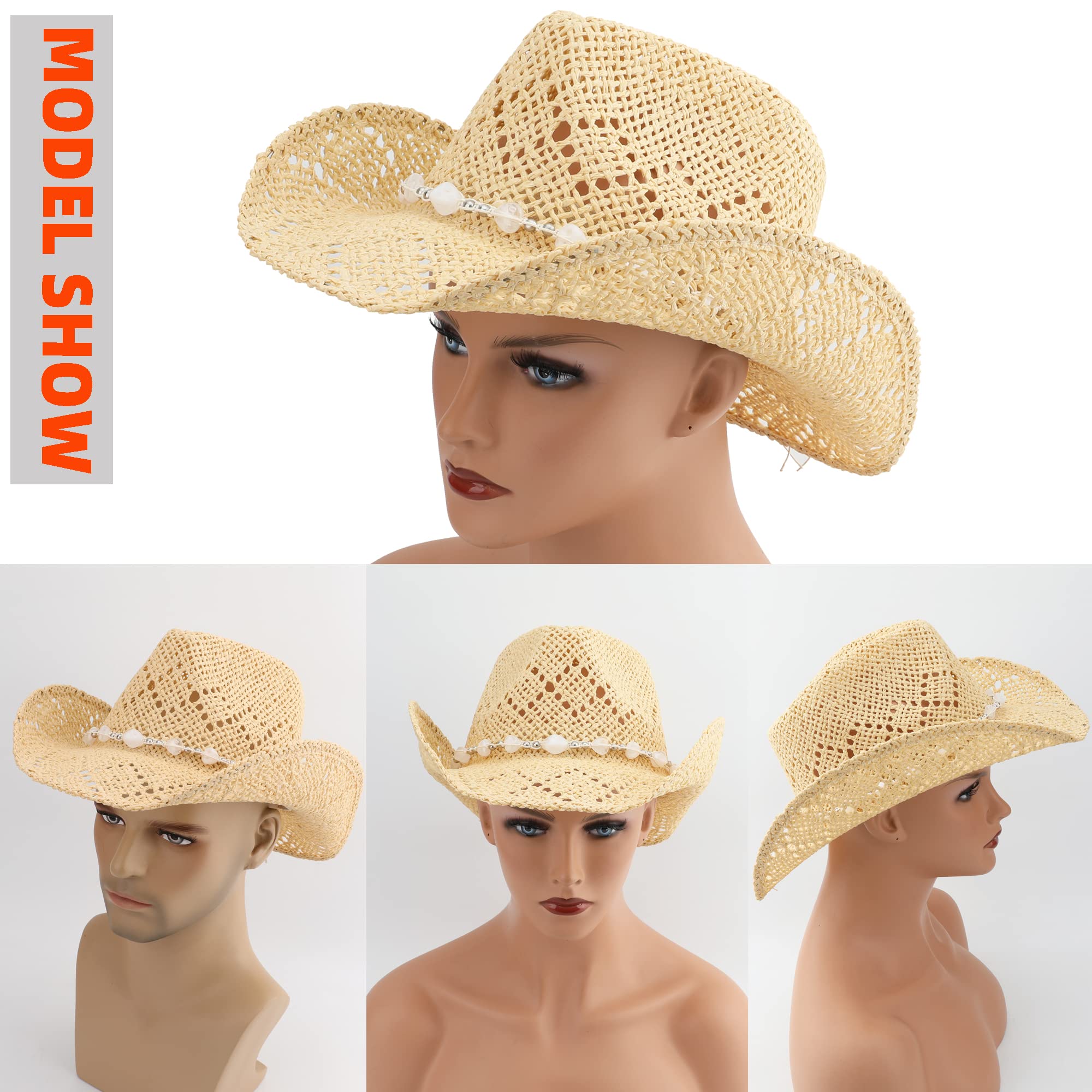 Pro Celia Men Women Cowgirl Straw Western Cowboy Hat (Bead-Beige)