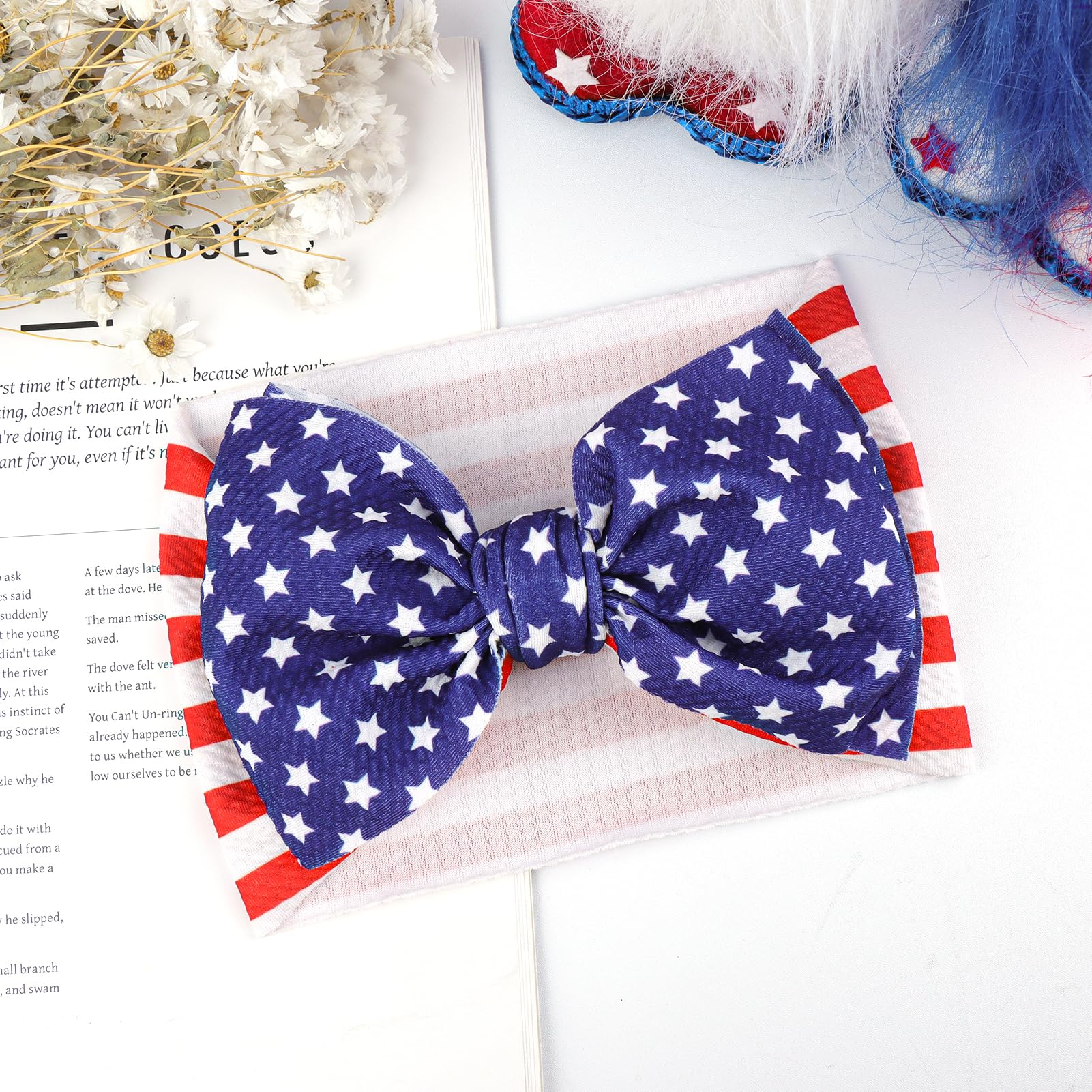 YanJie 4th of July Baby Nylon Headbands, Red Blue White Star Hair Accessories with Big Bows for Newborns, Infants, and Toddler Girls (America Flag)