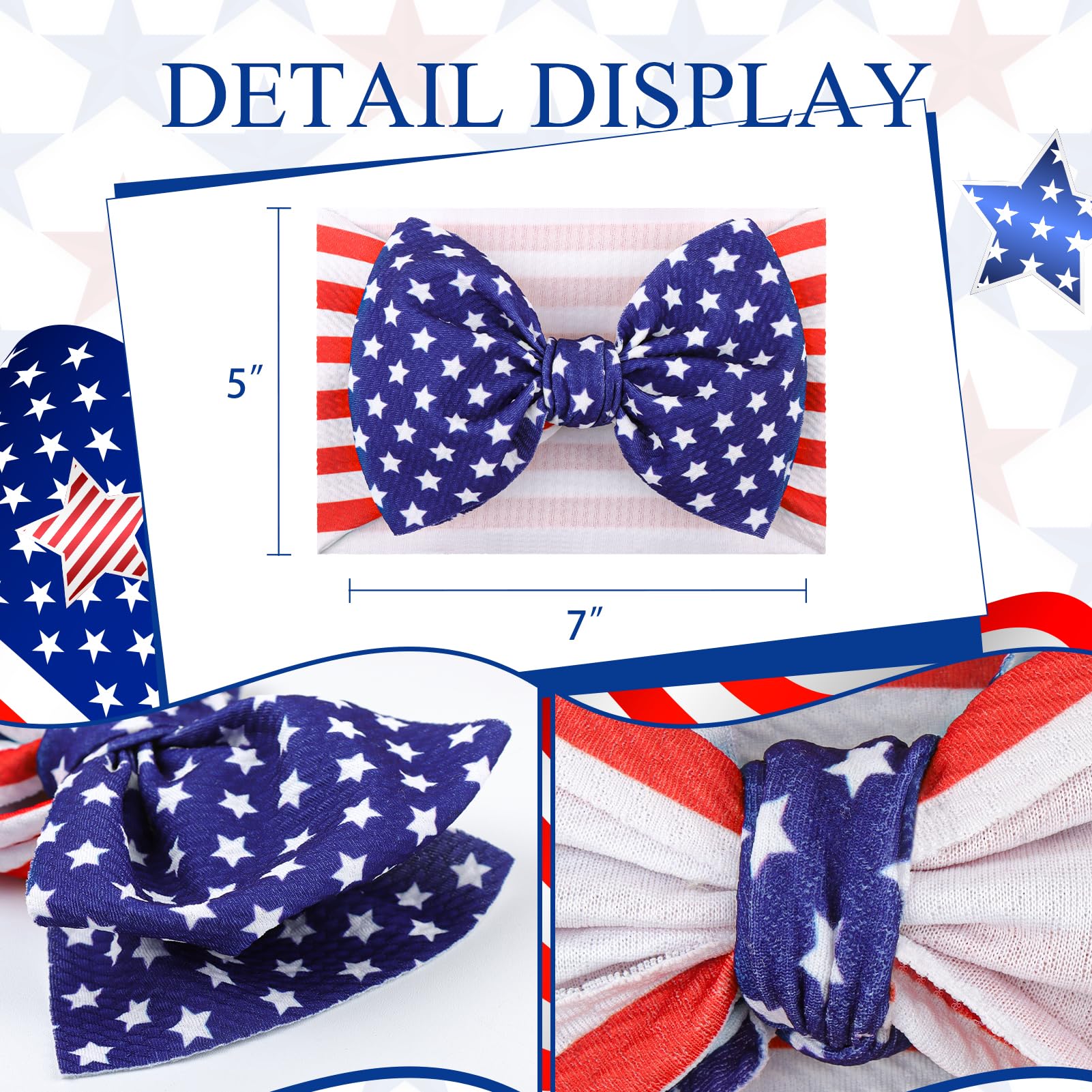 YanJie 4th of July Baby Nylon Headbands, Red Blue White Star Hair Accessories with Big Bows for Newborns, Infants, and Toddler Girls (America Flag)