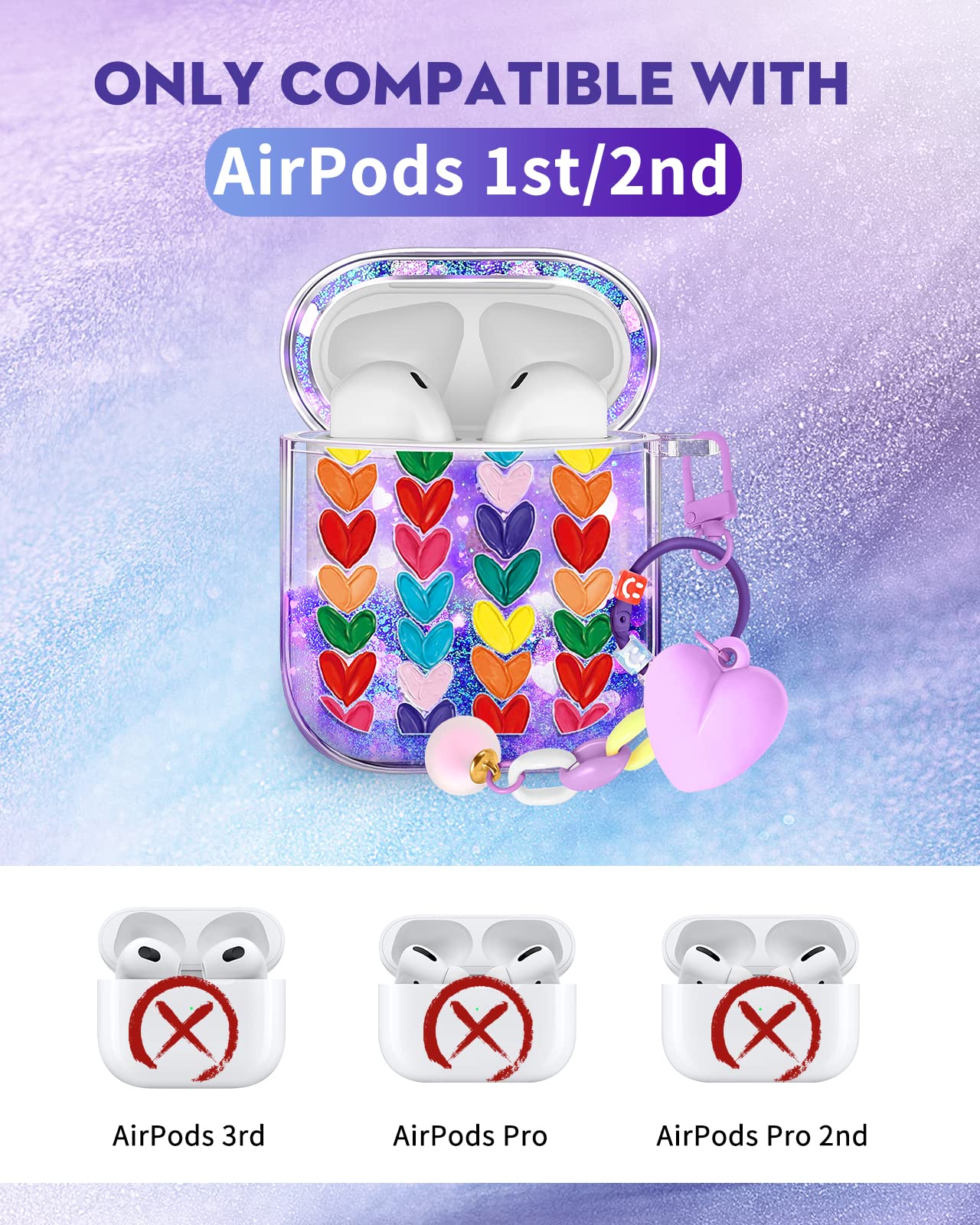 Kokaaee for Airpod Case 2nd & 1st Generation Cover Kawaii Funda Cute Aesthetic Girl Women Protector Liquid Glitter Bling Sparkly Heart Design Estuche Keychain Y2K Girly for Apple Air Pod 1/2 Gen