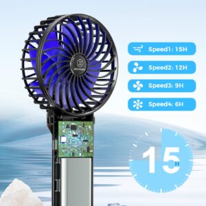 JZCreater Mini Handheld Fan,Portable Hand Held Fan, 15H Cooling Fan, Quiet 4 Speed, USB Rechargeable Battery Operated Desk Fan, Small Folding Electric Fan for Travel Outdoor Home Office Makeup, BLACK