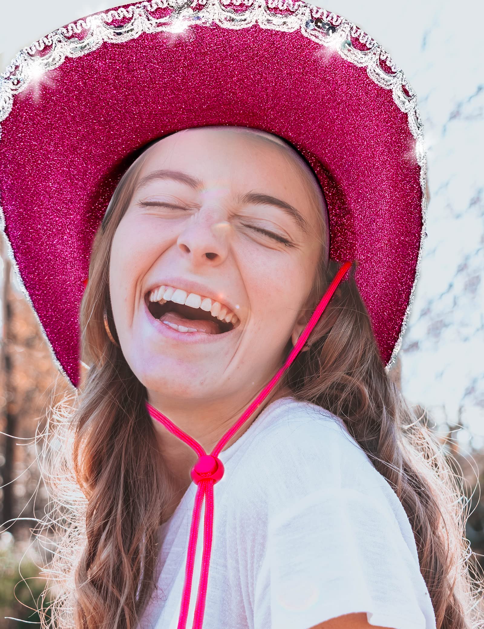 JICASTO Cowboy Hat Pink Cowgirl Hat with Sequins & Tiara Crown for women Rodeo Party Hats with Heart Glasses (Glitter Fringed Hot Pink)