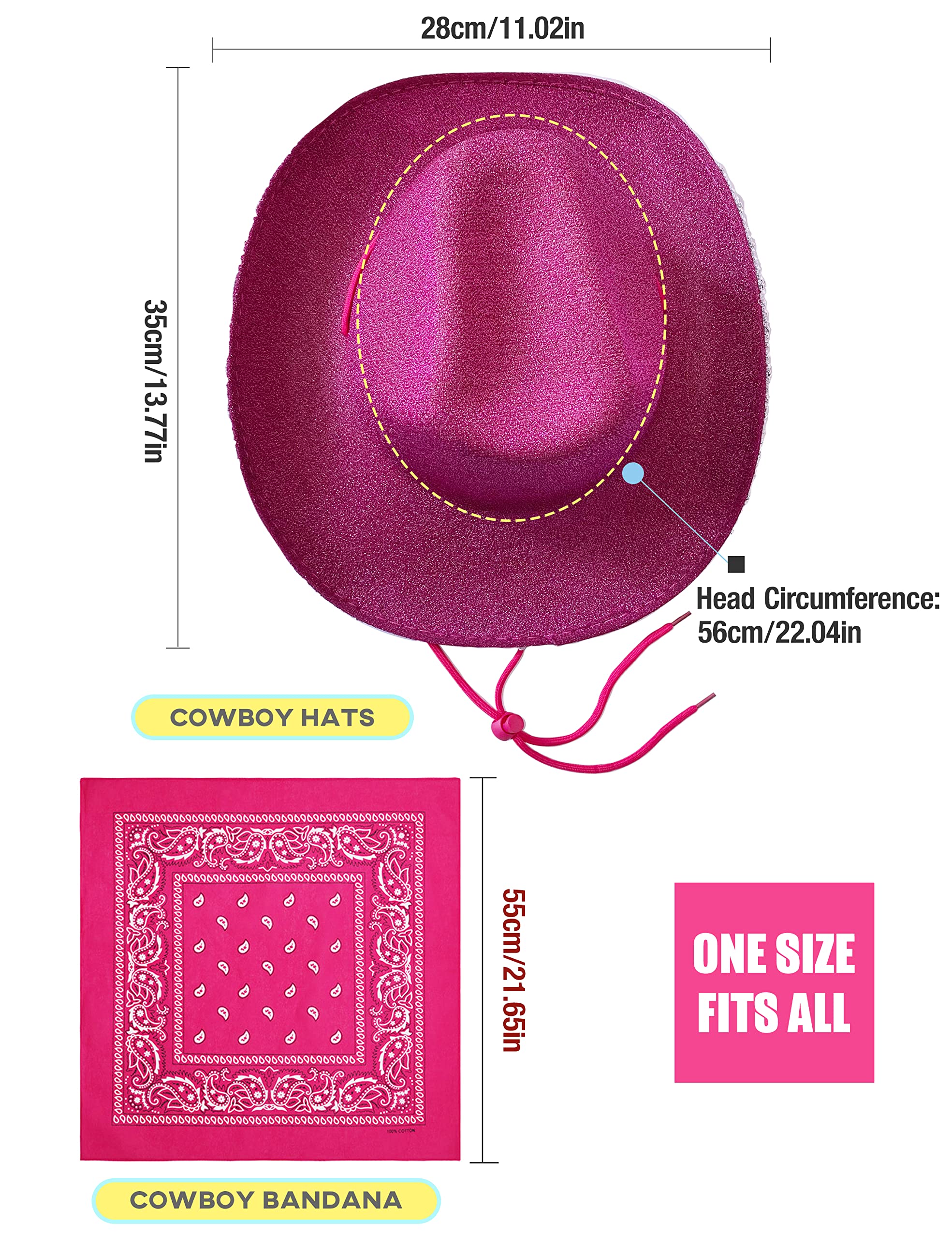 JICASTO Cowboy Hat Pink Cowgirl Hat with Sequins & Tiara Crown for women Rodeo Party Hats with Heart Glasses (Glitter Fringed Hot Pink)