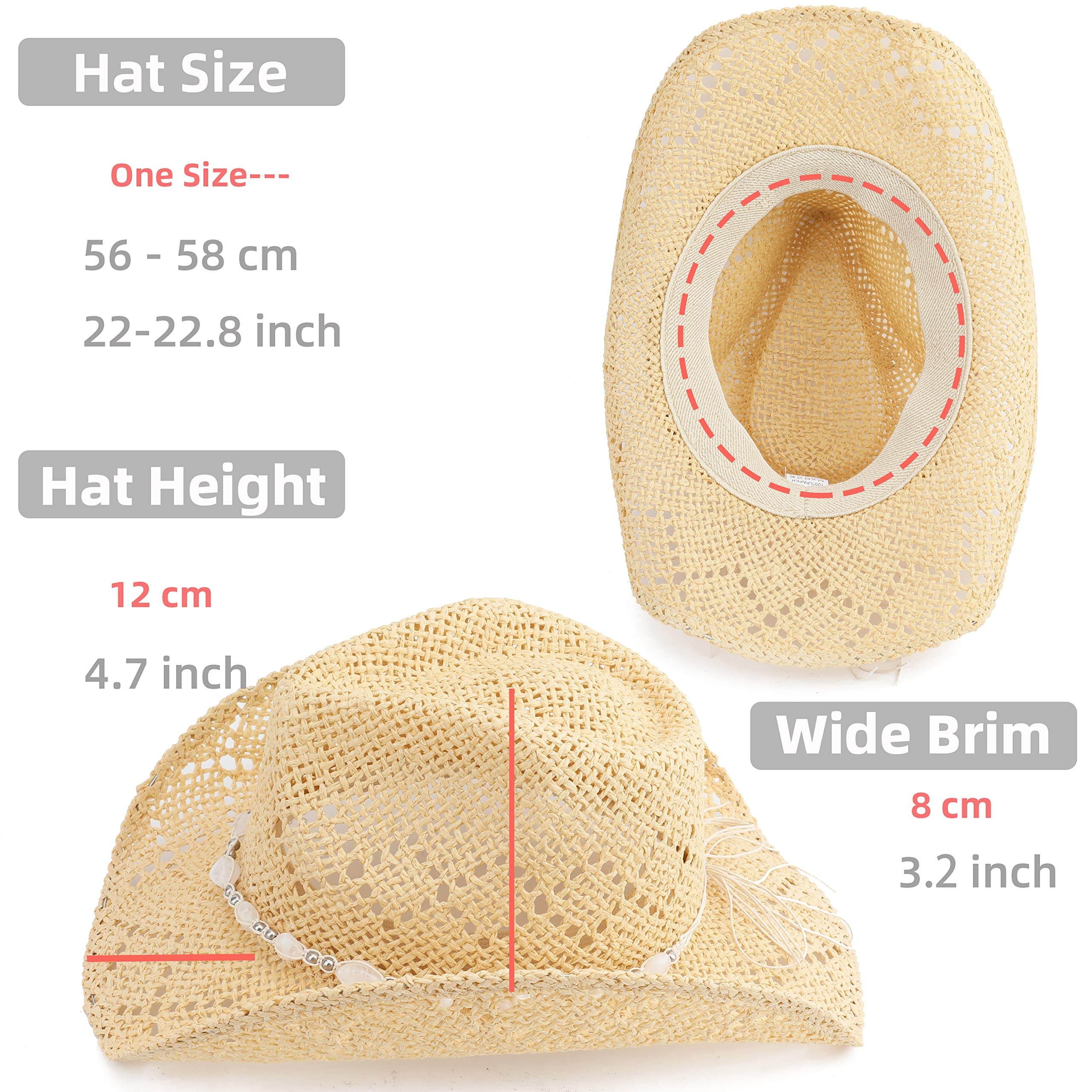 Pro Celia Men Women Cowgirl Straw Western Cowboy Hat (Bead-Beige)