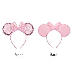 ZYTJ 2 Pcs Mouse Ears Headbands,Shiny Bows Mouse Ears Headbands for Birthday Parties, Themed Events, A Perfect Addition to Your Trip Essentials and Accessories for Women allpink