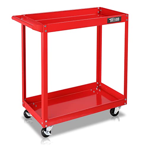 TUFFIOM 2 Tier Rolling Tool Cart, 220 LBS Capacity Industrial Service Cart w/Wheels, 2 Shelf Steel Utility Cart, Tool Storage Organizer for Mechanic, Garage, Workshop, Warehouse & Repair Shop, Red